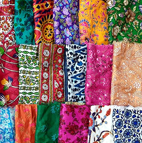 Vintage Fabrics Crafts Saree Silk Remnants DIY Scraps Fabric Sari Fabric Material 50 Small Pieces Small Floral Pieces for Art and Craft Scrapbook Art Doll Junk Journal