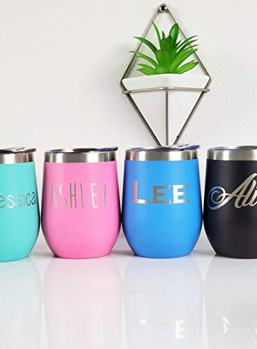 Personalized Monogram Wine Tumbler with Lid - Customized Stainless Steel Stemless Wine Glass