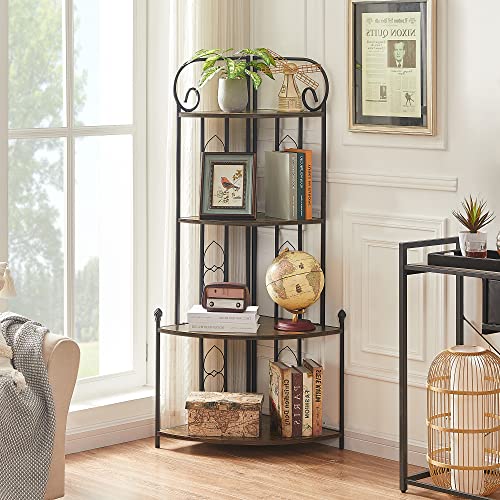 VECELO 4-Tier Ladder Corner Shelf with Metal Frame, Multipurpose Bookshelf Bookcase, Plant Stand & Storage Display Shelves for Living Room, Bedroom, Office, Rustic Brown