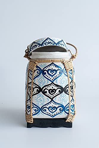 Siam Sawadee White Weaved Bamboo Rice Basket, Hand Woven Thai Rattan Jar, Handcrafted Traditional Household Wicker Container, Moroccan Pattern Painted, Handmade in Thailand, 7x12 inches