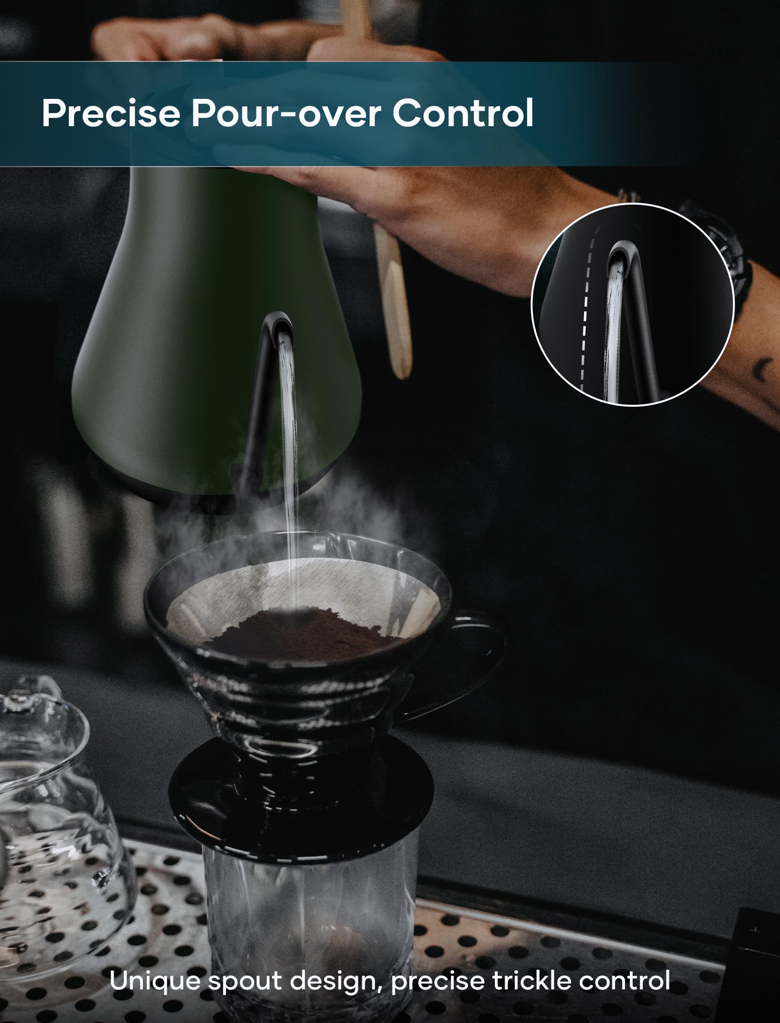 INTASTING Gooseneck Electric Kettle Hot Water Boiler Pour Over Coffee and Steeping Tea, 304 Stainless Steel, 0.9L/30oz, Auto Shut-Off & Boil Dry Protection, Matte Green with Dark Brown Wood Handle