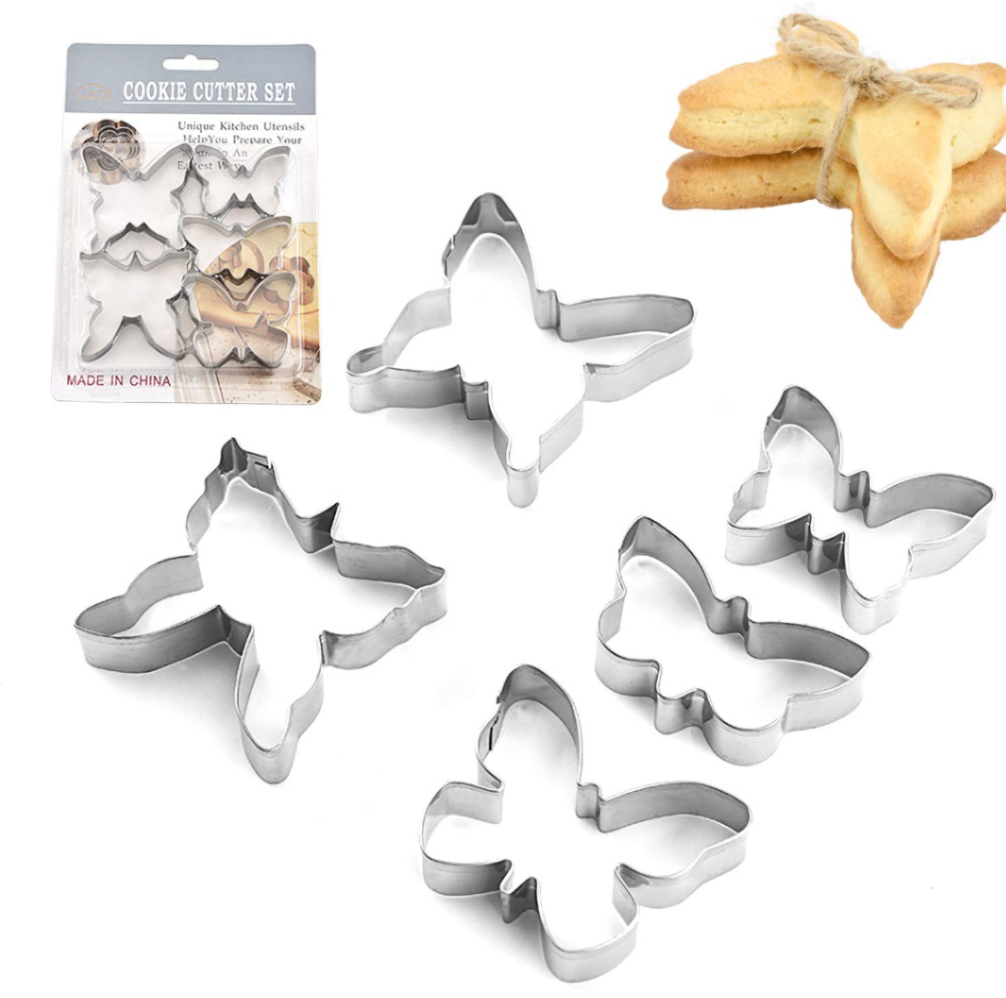 NELJIBEHU Butterfly cookie cutter, 5-piece mini stainless steel cookie cutter set, used for DIY baking cake craft pastry baking tray decoration
