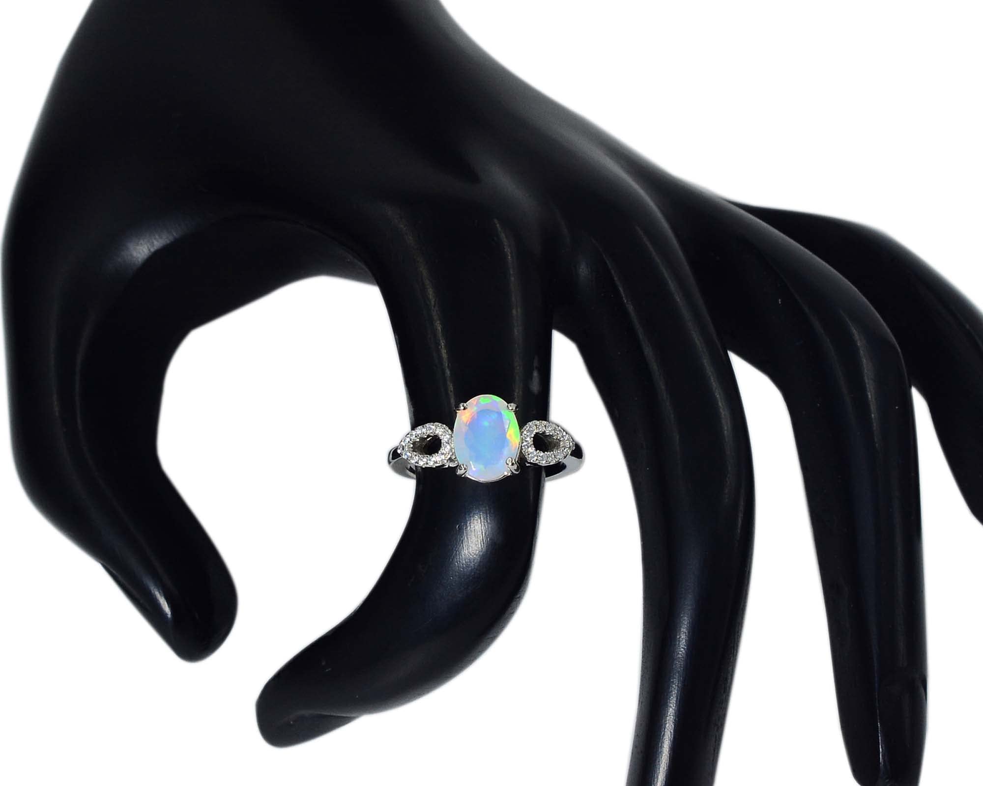 Natural 9X7 MM Ethiopian Welo Cut Opal Gemstone 925 Sterling Silver October Birthstone Wedding Jewelry Engagement Ring Gift For Her (Rhodium Plated Silver, 8.5)