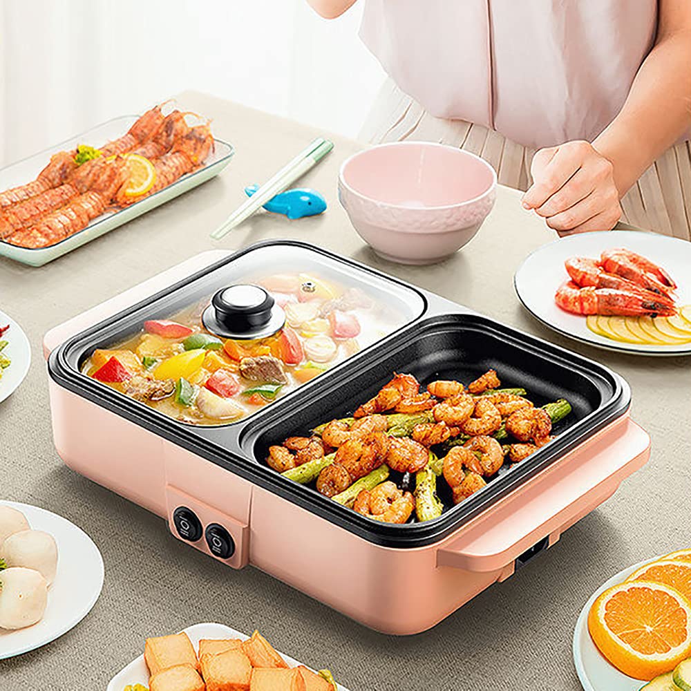 Mini Electric Grill and Hot Pot, 2 in 1 Portable Electric Hot Pot Barbecue Grill Non-Stick Teppanyaki Pan 110V Multifunction Nonstick Griddle & Hot Pot for Steak, Shabu, BBQ - Pink (Pink)