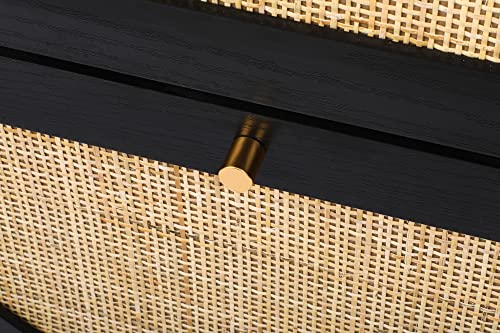SSLine Shoe Cabinet with 2 Flip Down Storage Shelves Free-Standing Shoe Rack Modern Black Wood Shoe Storage Organizer w/Unique Rattan Decor &Gold Handles for Entryway Hallway Doorway