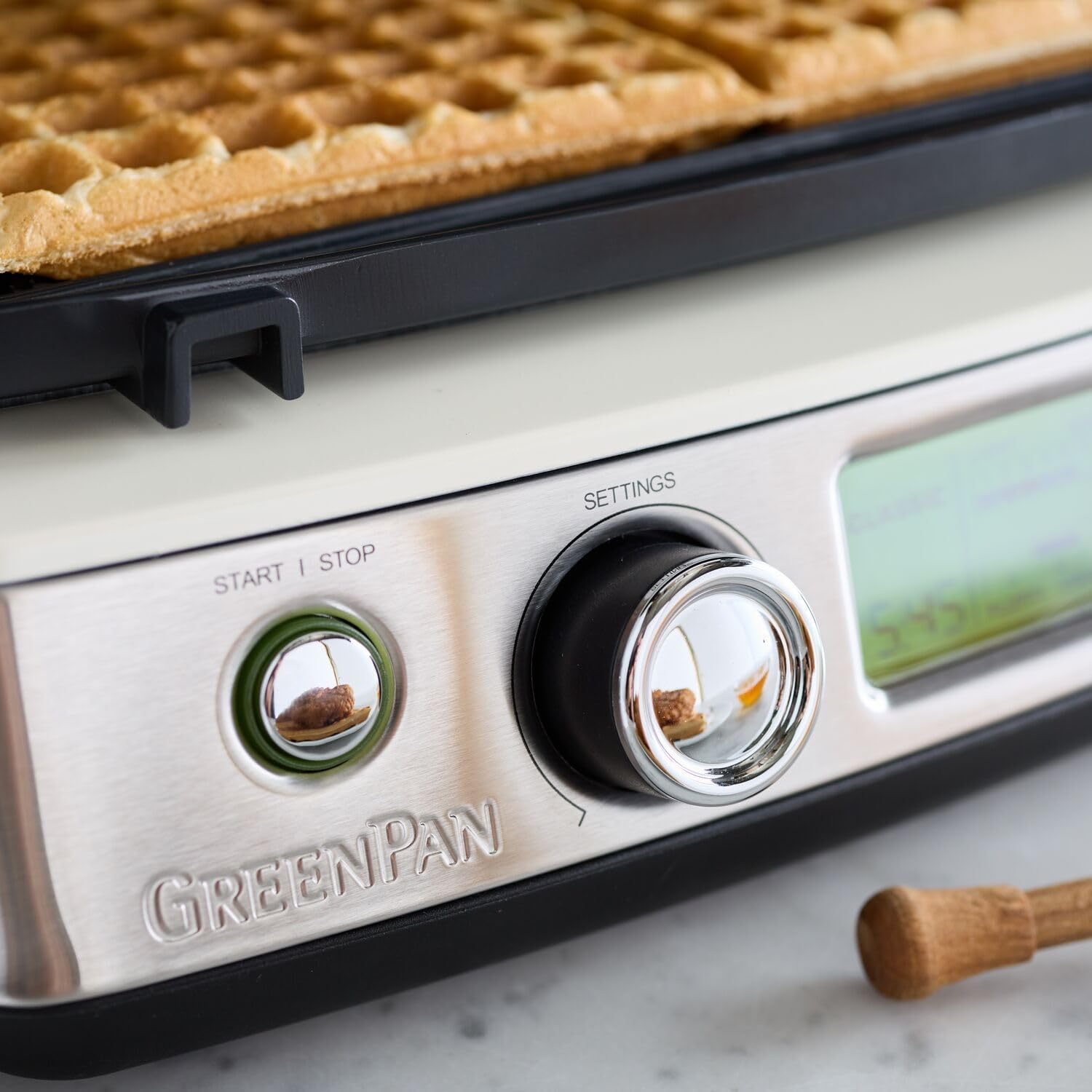 GreenPan Elite 2-Square Belgian & Classic Waffle Iron, Healthy Ceramic Nonstick Aluminum Dishwasher Safe Plates, Adjustable Shade/Crunch Control, Wont Overflow, Easy Cleanup Breakfast, PFAS-Free,White