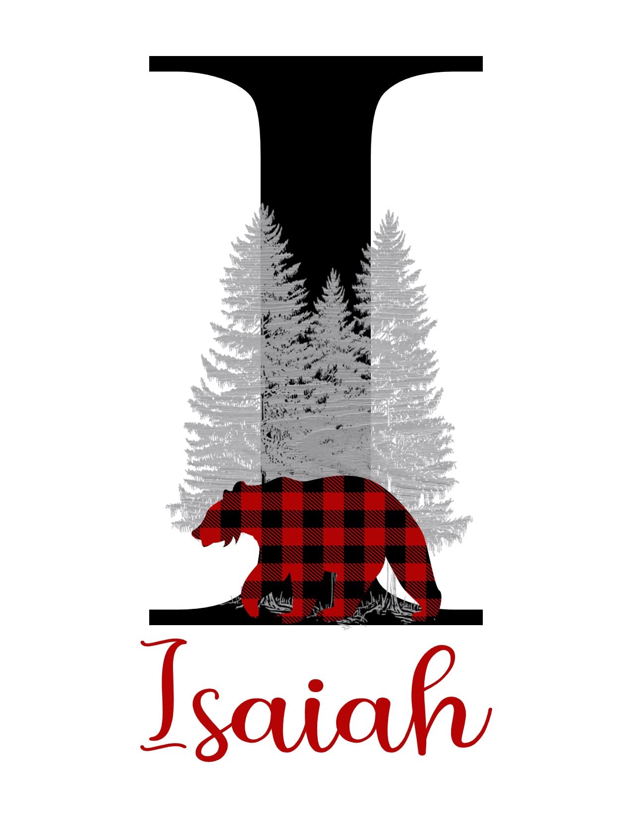 Personalized Woodland Bear Buffalo Plaid Baby Boy Nursery Decor Unframed Print - Baby Name Letter Initial Monogram