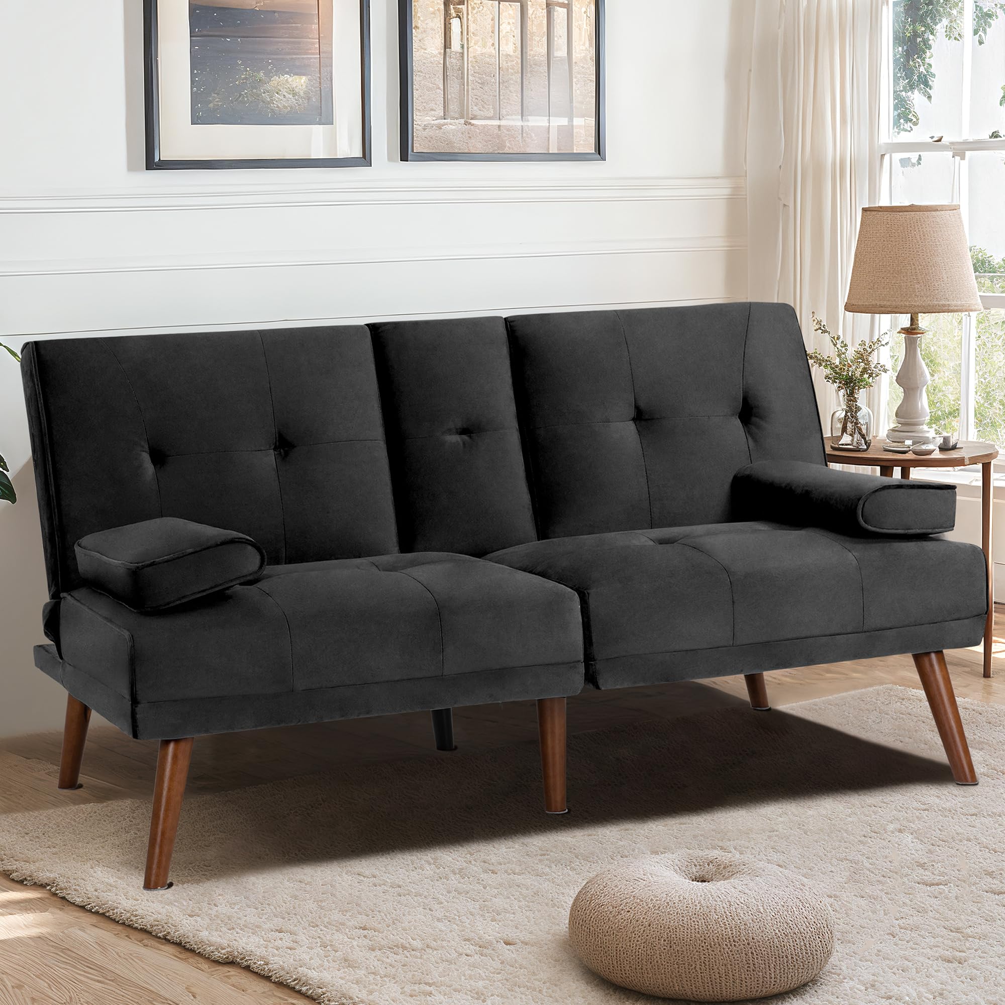 SUNLEI 60" Small Loveseat, 3 in 1 Cute Convertible Sofa Bed, Modern Futon Recliner Sleeper w/2 Cup Holder, Upholstered Folding Couch for Small Space, Beige