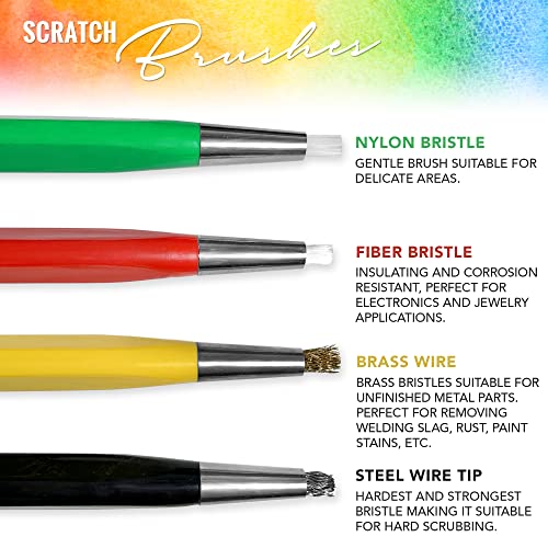 Pixiss Scratch Brush Pen Set with Replacement Tips, Fiberglass, Steel, Brass, Nylon, 5-inches Pen Style Prep Sanding Brush 4-Pack for Corrosion, Rust, Jewelry, Circuit Boards and Auto Body Work