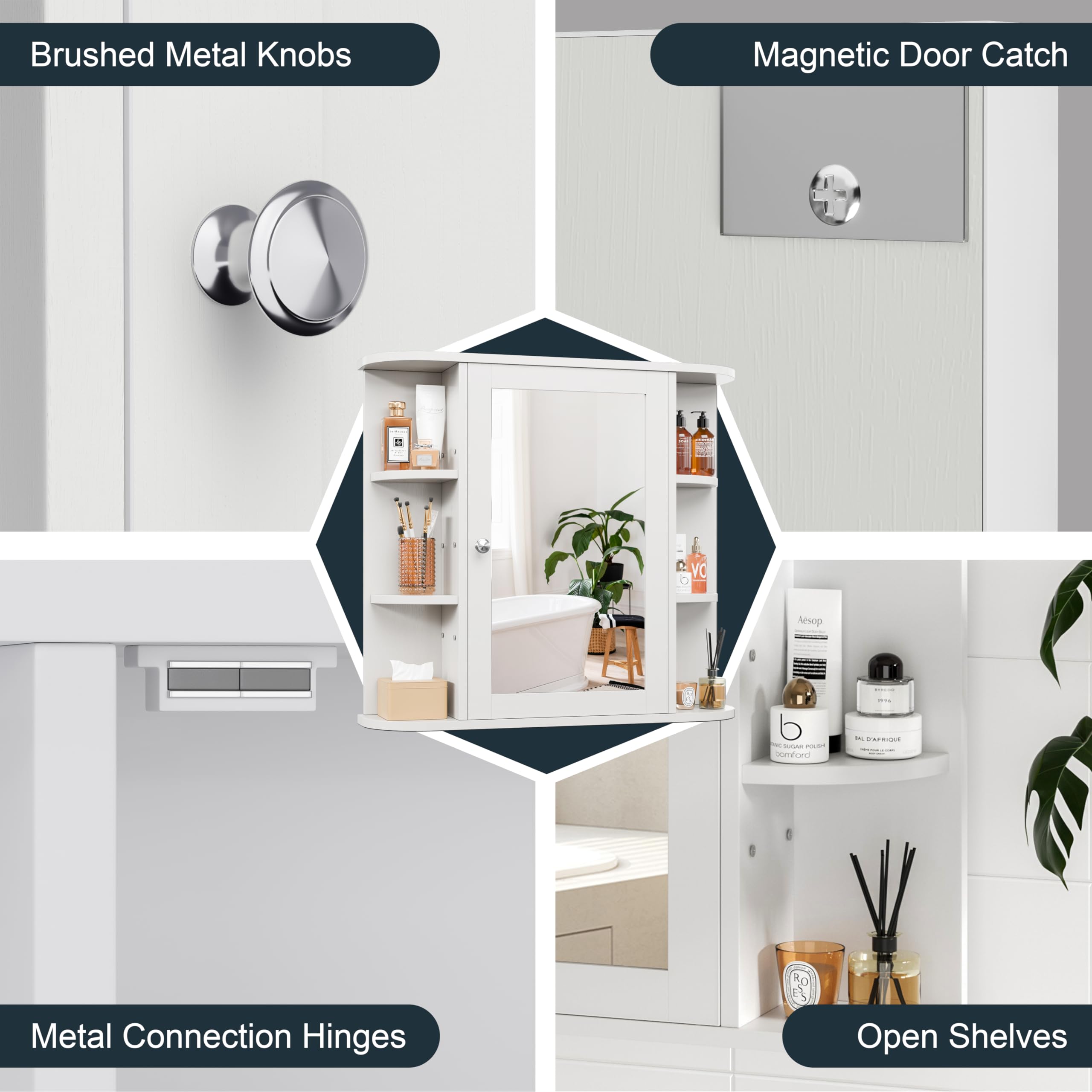 SUNLEI Bathroom Cabinet Wall Mounted with Mirror Door, Over The Toilet Storage Cabinet with Doors and Shelves, Bathroom Medicine Cabinets with 6 Open Shelves for Bathroom Organizer or Laundry(White)