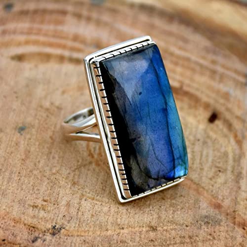 Natural Blue Labradorite Ring, 925 Sterling Silver Ring, Handmade Ring, Baguette Stone Ring,Labradorite Antique Ring, Ready to Ship (8.5)