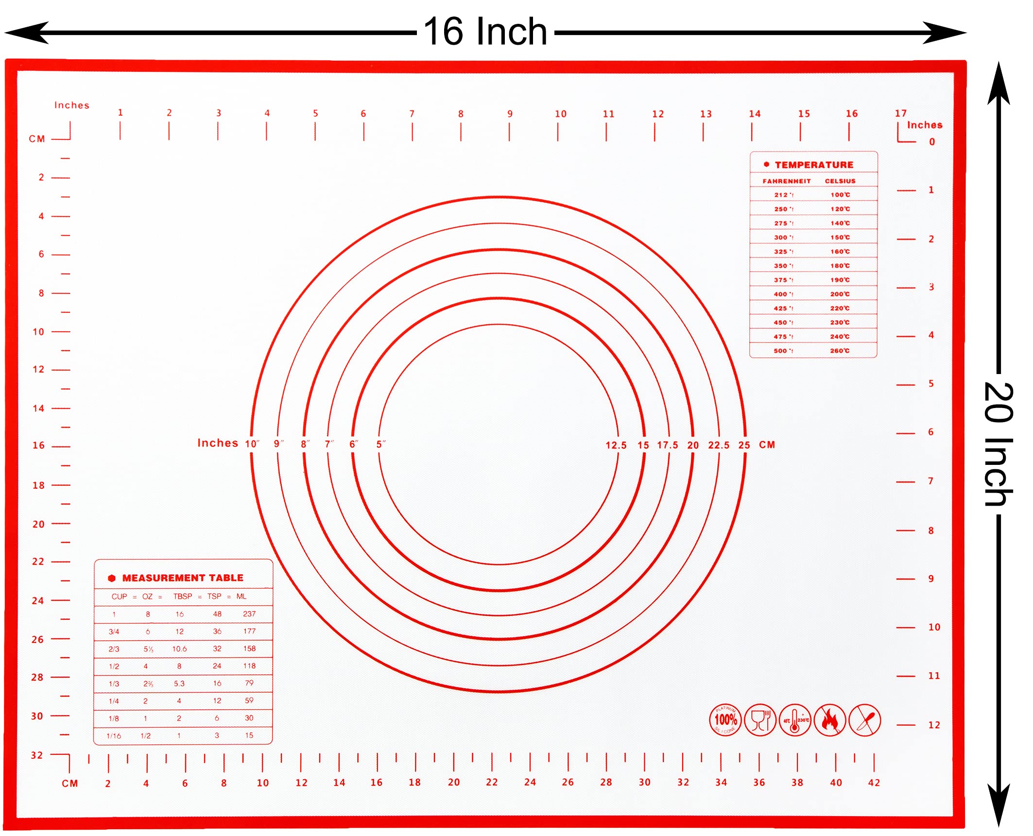 Non Slip Silicone Pastry Mat with Measurements Nonstick, 16 x 20 Inch Thick Baking Mat for Rolling out Dough Red Food Grade Silicone Baking Mats for Cookie, Cake, Pizza