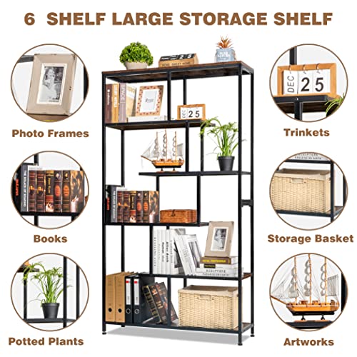 Tektalk Bookshelf,Rustic 6 Open Shelves Bookcase, Standing Book Shelf Display Bookshelves Storage Organizer Rack for Bedroom Living Room Home Office - Brown