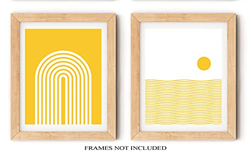 Mid Century Modern Wall Art - Set of 2-8x10" UNFRAMED Prints - Yellow Scandinavian, Minimal Wall Decor - Ocean, Sun & Moon Wall Art (Mustard)