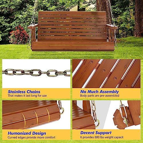 VINGLI Upgraded Patio Wooden Porch Swing for Courtyard & Garden, Heavy Duty 880 LBS Swing Chair Bench with Hanging Chains for Outdoors (4 FT, Brown)