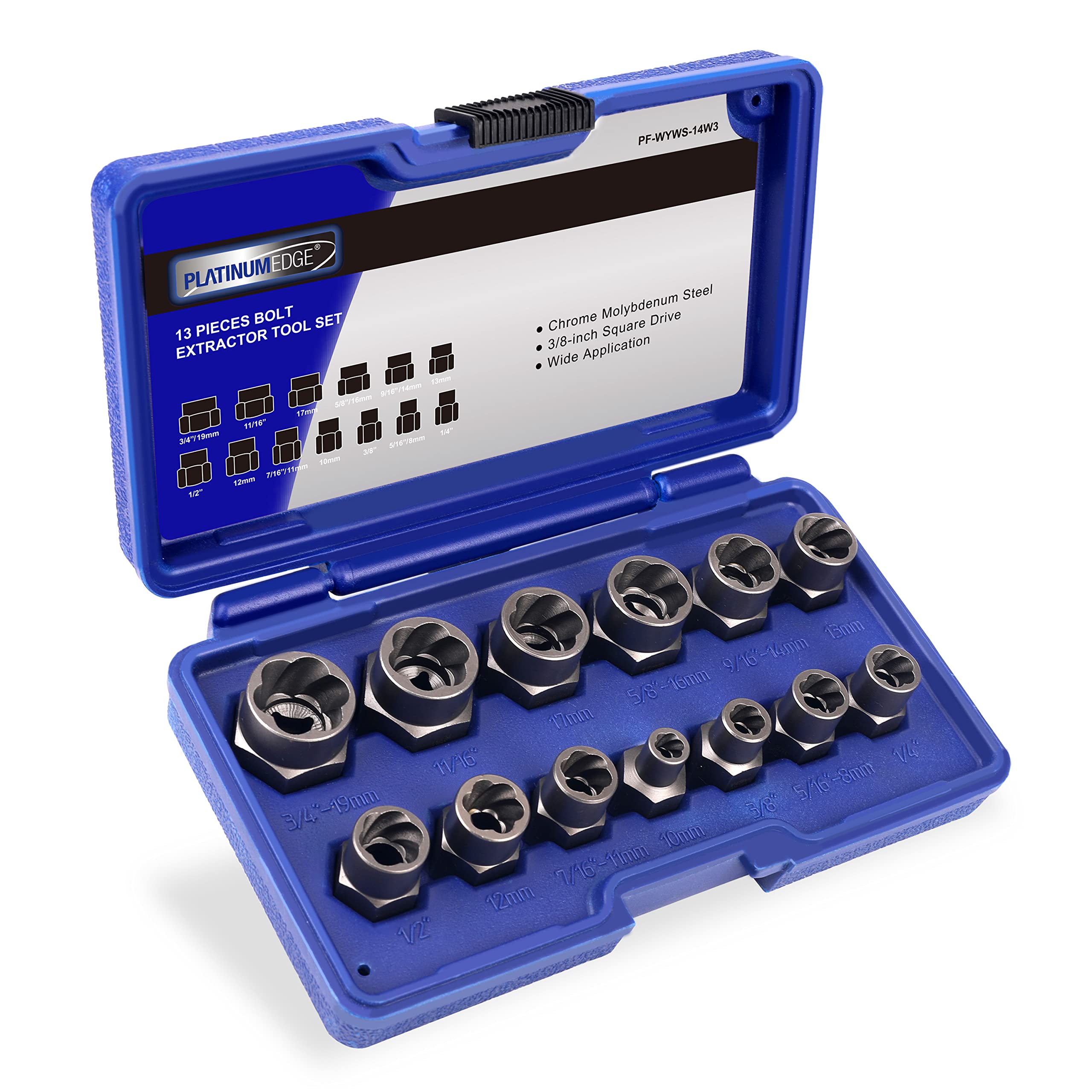 PLATINUMEDGE Bolt Extractor Tool Set, 13 Pieces Impact Bolt & Nut Remover Set, Stripped Lug Nut Remover, Extraction Socket Set for Easy Out Rusted Rounded Damaged Nuts Sockets and Bolts, Cr-Mo