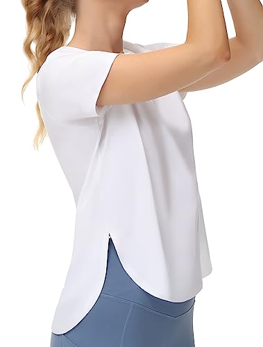THE GYM PEOPLE Women's Workout T-Shirts Loose Fit Short Sleeve Cotton Running Basic Tee Tops with Split Hem White