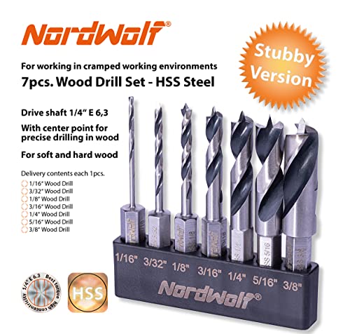 NordWolf 7-Piece HSS Brad Point Stubby Wood Drill Bit Set with 1/4" Hex Shank for Carpenter Woodworking, SAE Sizes 1/16"-3/32"-1/8"-3/16"-1/4"-5/16"-3/8"