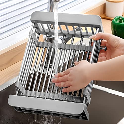 Stainless Steel Telescopic Drain Basket, Adjustable Dish Drying Rack Sink Strainer Drain Kitchen Basket for Dish Vegetable Fruit(8.66x11.41x3.14in)