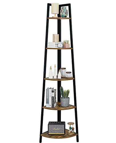 Pshelfy 5-Tier Corner Shelf, Rustic Corner Bookshelf Bookcase Multipurpose Corner Ladder Shelf Plant Stand for Living Room, Kitchen, Home Office Small Space (Brown)