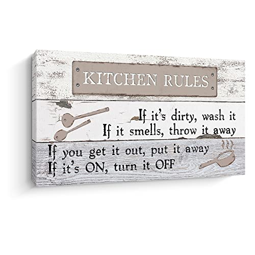 Pinetree Art Kitchen Decor Funny Kitchen Rules Quote Canvas Wall Decor Vintage Modern Rustic Farmhouse Kitchen Decorative (14" X 7", gray)