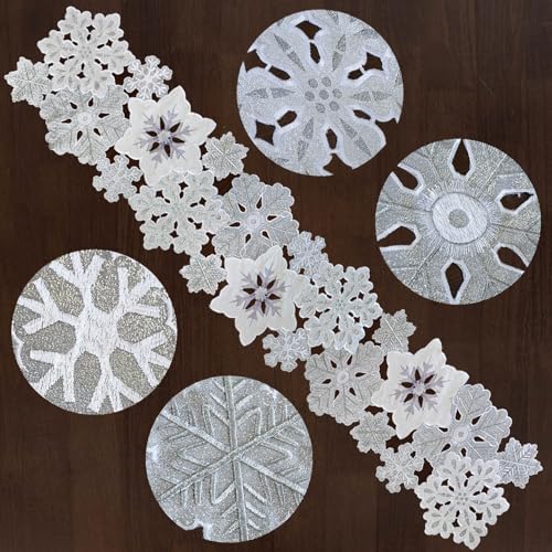 Grelucgo Machine Embroidered and Hand Cut Silver Grey and White Snowflakes Table Runner for Christmas Holiday (13.5 x 34 inches)