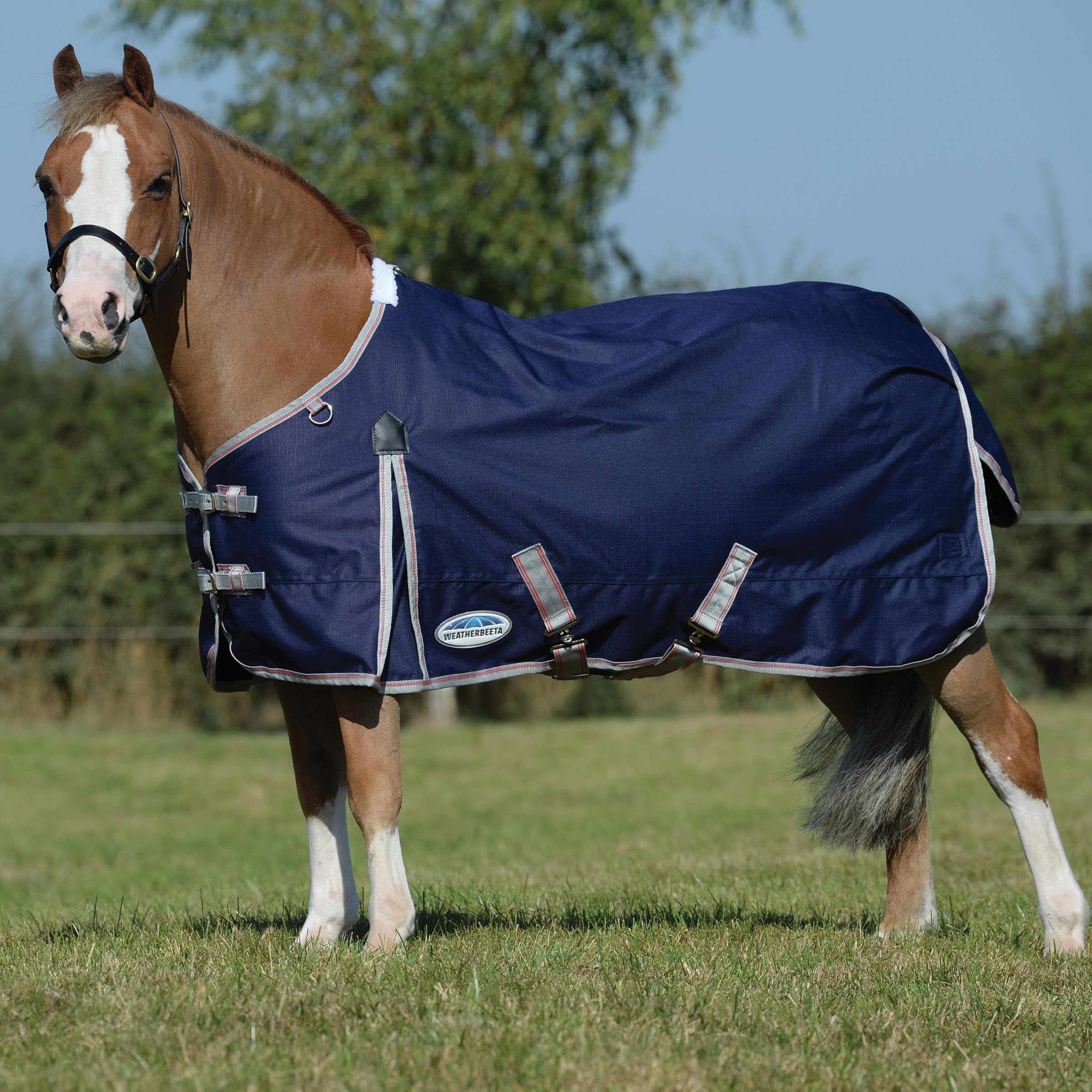 WeatherBeeta ComFiTec Essential Standard Neck Medium/Lite Horse Blanket, Navy/Silver/Red, 75"