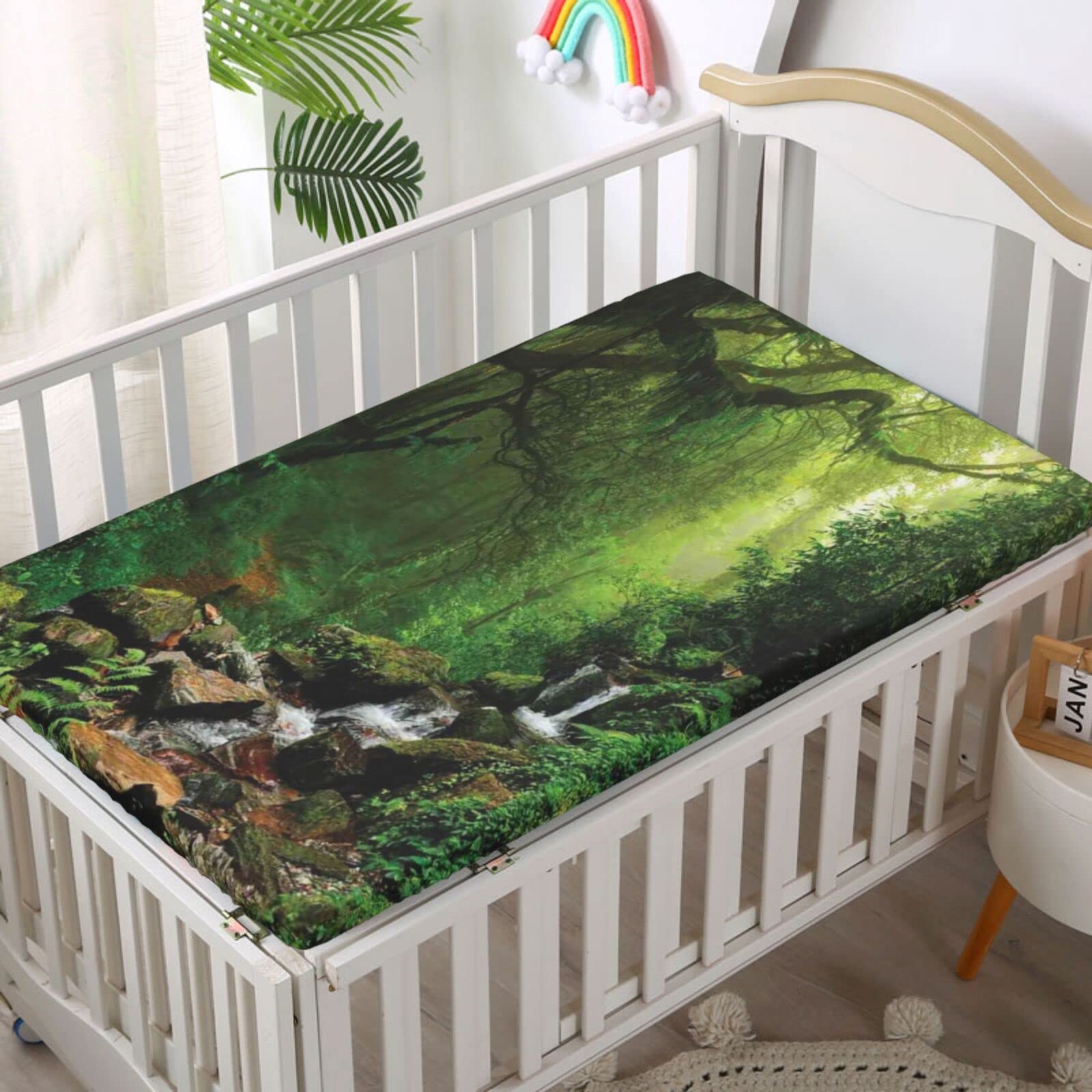 Rainforest Themed Fitted Mini Crib Sheets,Portable Mini Crib Sheets Ultra Soft Material-Baby Sheet for Boys Girls,24β x38β,Green Brown
