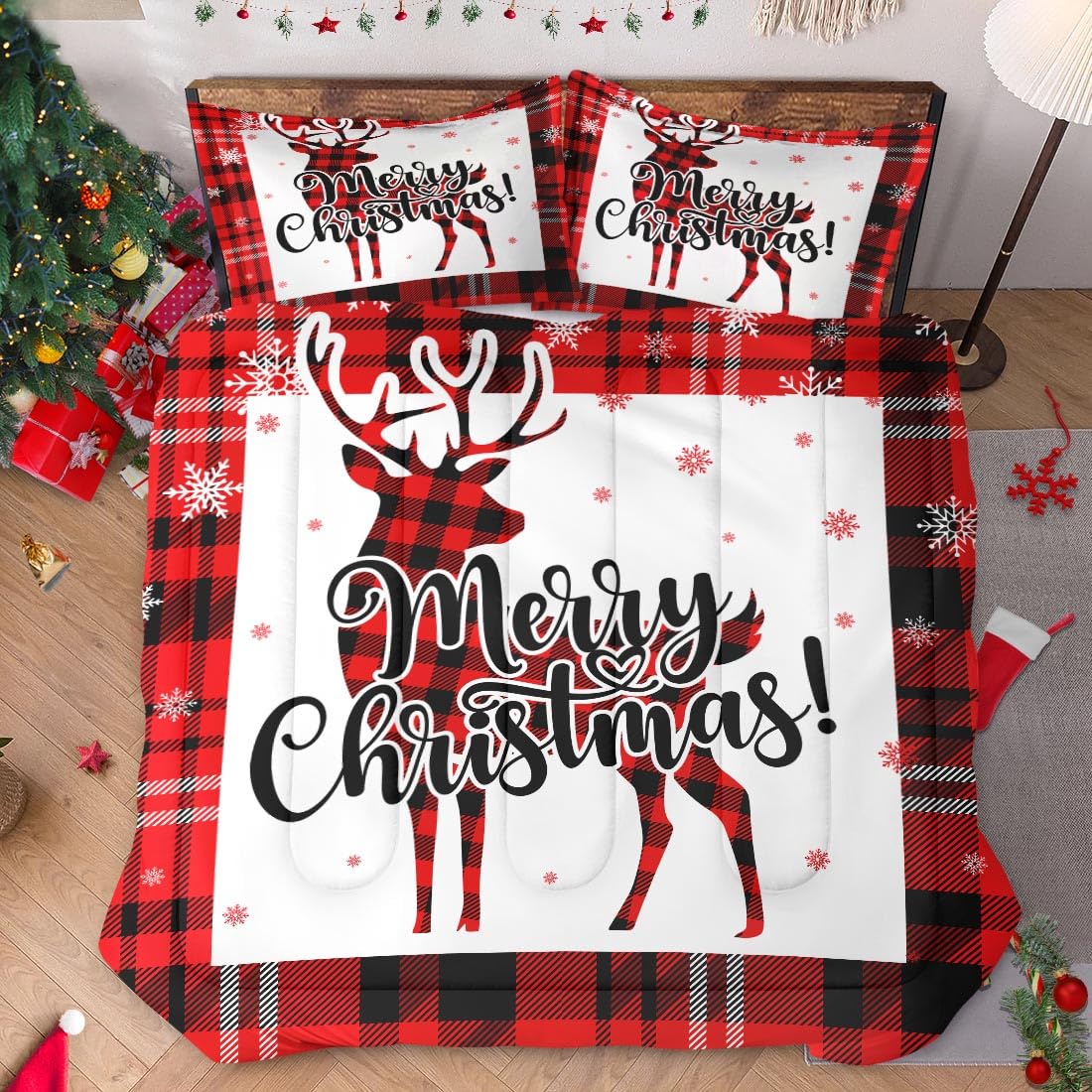 WeCozy King Size Comforter Set with 2 Pillowcases, Merry Christmas Happy Santa Claus Soft 3 Pcs Bedding Set for Kids and Adults Bedroom Bed Decor