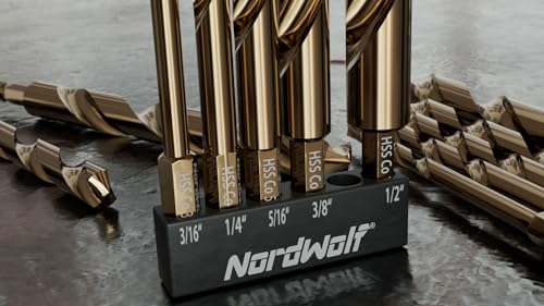 NordWolf 5-Piece M35 Cobalt Drill Bit Set for Stainless Steel, Hard Metals & Cast Iron, Jobber Length with 1/4" Hex Shank, SAE Sizes 3/16"-1/4"-5/16"-3/8"-1/2"