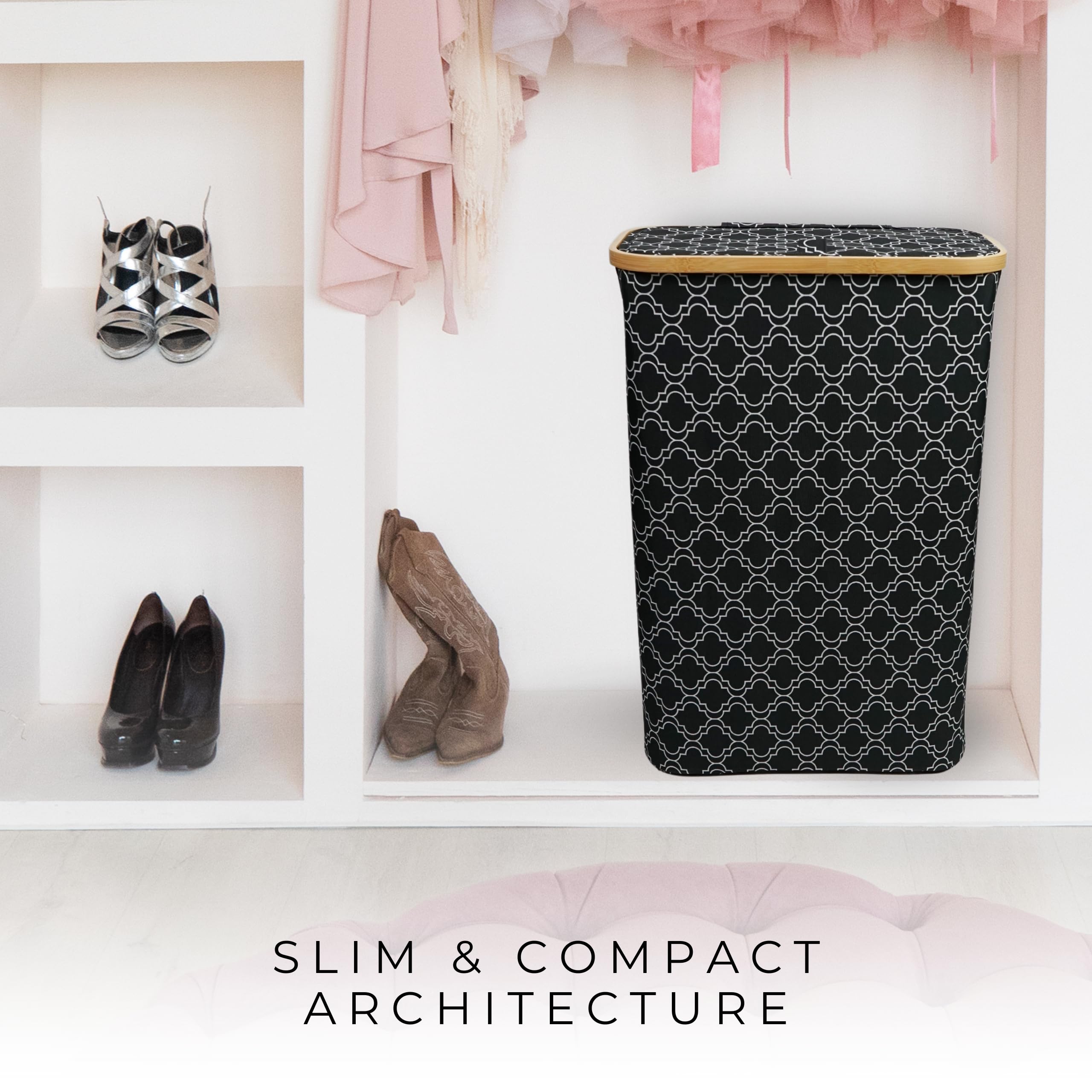 Slim Hamper with Lid & Removable Mesh Bag (60L) β Foldable Narrow Clothes Hamper with Bamboo Handle β Durable Skinny Laundry Basket for Bedroom, Bathroom Dorm & Closet - Black