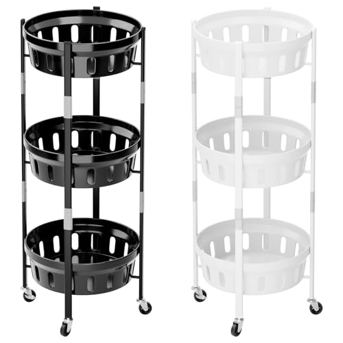 TOLUON Foldable Kitchen Storage Rack with Universal Wheels, 3 Tiers Large Capacity Smooth Sliding Vegetable Basket, Sturdy Construction No Installation Sundries Storage Shelf for Dorm Office White