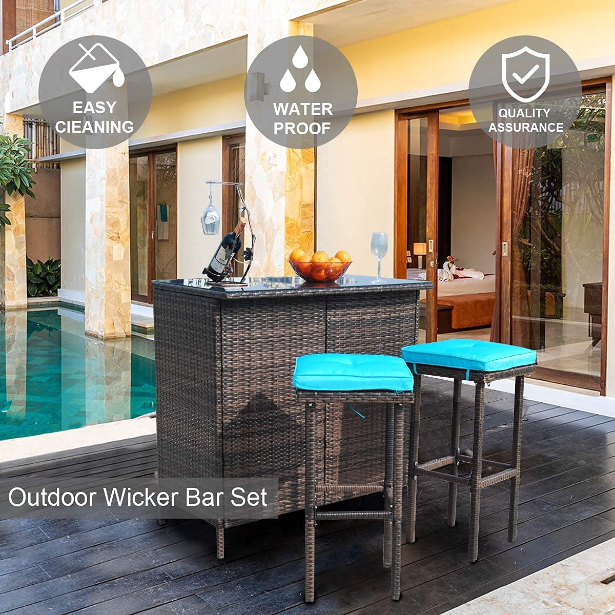 Polar Aurora 3PCS Patio Bar Set with Stools and Glass Top Table Patio Wicker Outdoor Furniture with Blue Removable Cushions for Backyards, Porches, Gardens or Poolside