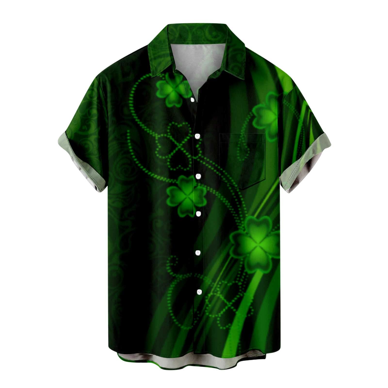 Mens St Patricks Day Shirt Irish Clover Print Button Down Shirts Short Sleeve Casual Loose Fit Beach Tshirts Tee Tops