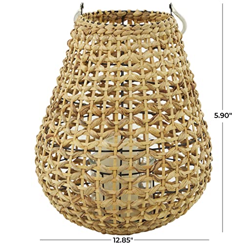 The Novogratz Metal Handmade Decorative Candle Lantern with Glass Holder and Handle, 13" x 13" x 16", Brown