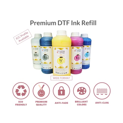 Premium PRO DTF Ink Refill for Inkjet Printers Heat Transfer Film Printing, Large and Wide Format Commercial Edition (250ml x 6, CMYK Wh)