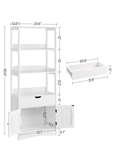 VASAGLE Bathroom Storage Cabinet, Freestanding Linen Tower, Tall Bookcase with 3 Open Shelves, 1 Large Drawer, 12.8 x 23.6 x 60.6 Inches, for Entryway, Kitchen, Study, White UBBC67WT