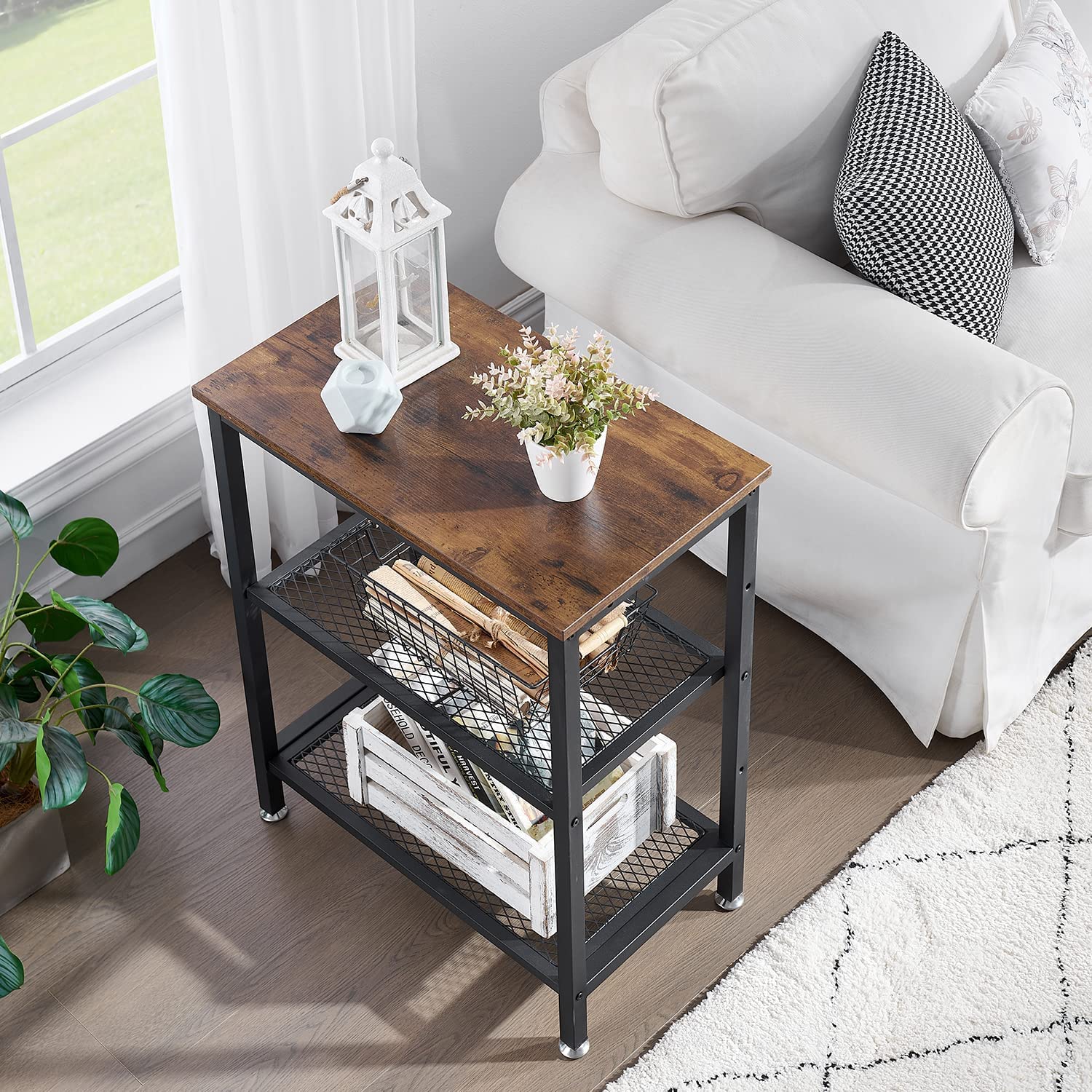 VECELO Tall End Side Tables,30" Height Nightstand with 3-Tier Storage Shelf for Bedroom Living Room, Easy Assembly,Industrial Style, 1-Pack, Retro Brown