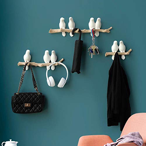 XPSD Resin Birds Figurine Wall Hooks Decorative Home Decoration Accessories Key Bag Handbag Coat Rack Holder Wall Hanger for Clothes-Blue 4birds