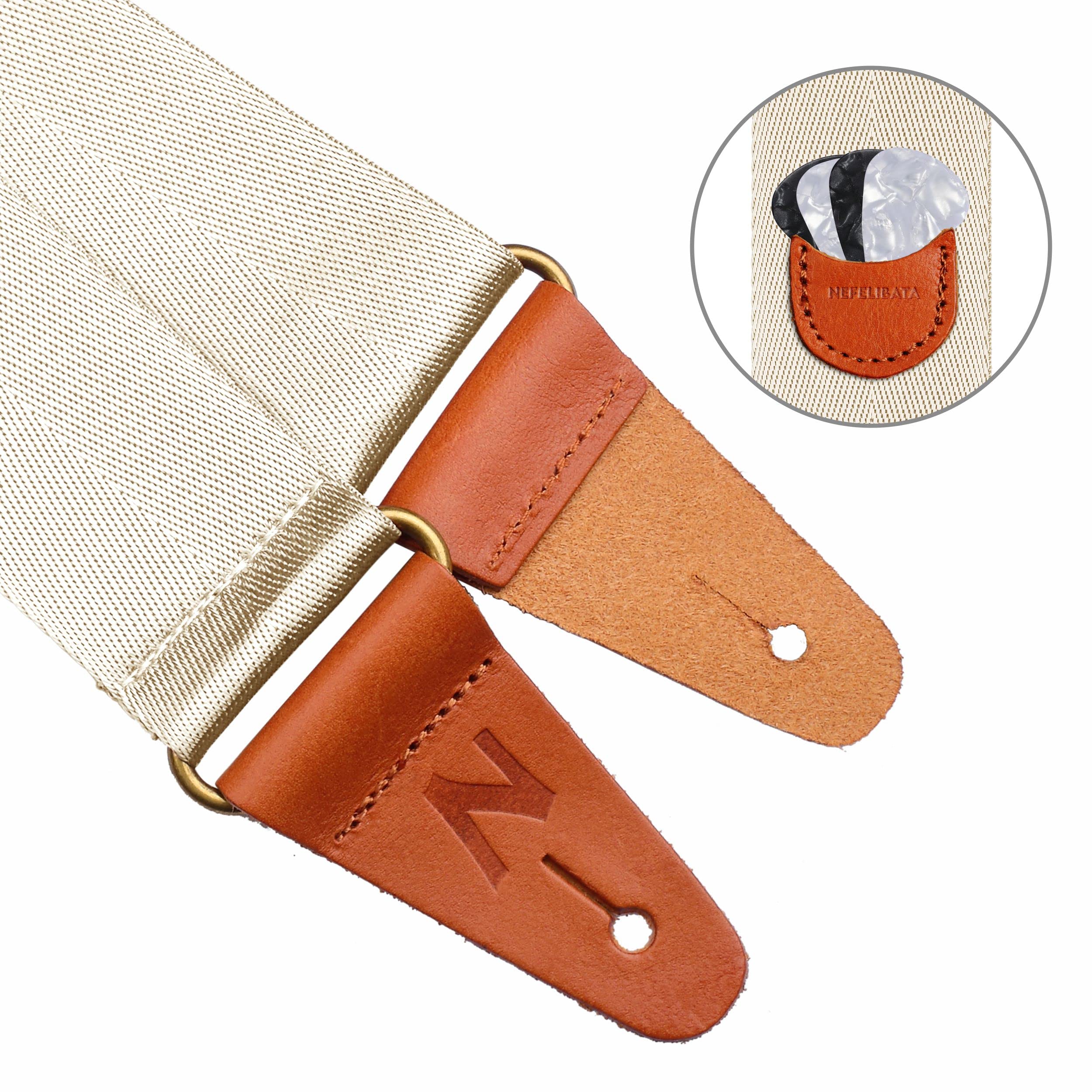 Nefelibata Guitar Strap with Pick Pocket, Vintage Nylon Full Grain Leather Ends Guitar Straps for Bass, Electric & Acoustic Guitar, with Strap Button, 1 Pair Strap Locks and 4 Guitar Picks (Beige)