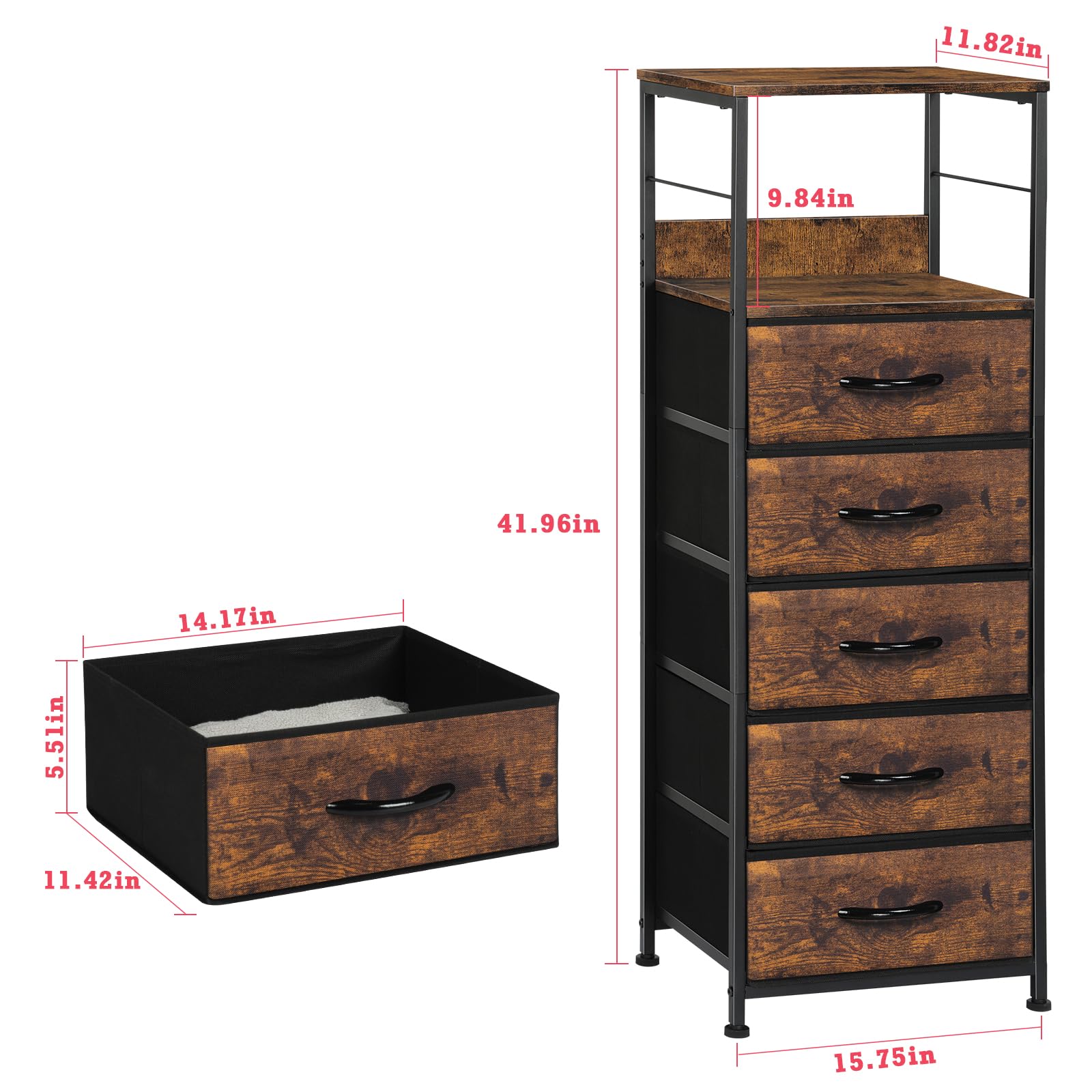 YBING Tall Nightstand 5 Drawer Dresser for Bedroom Vertical End Table Chest for Nightstand, Open Shelf, Steel Frame, Bedside Table Black