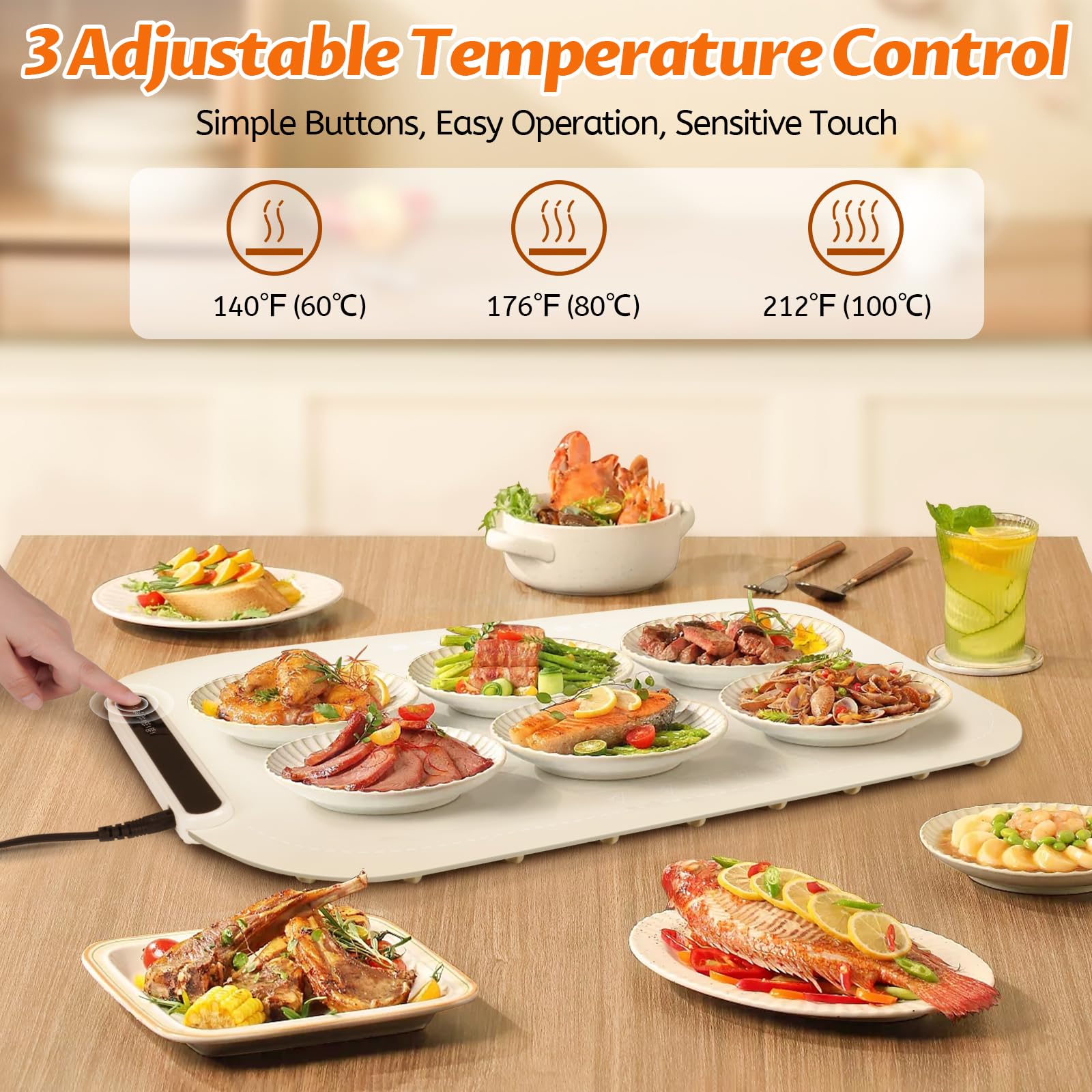 UBALANCE Electric Warming Tray Food Warmer Mat, Full Surface Silicone Heating Pad, 3 Adjustable Temperature Foldable Portable Hot Plate for Buffets Party Daily Use Gathering Catering (Beige)