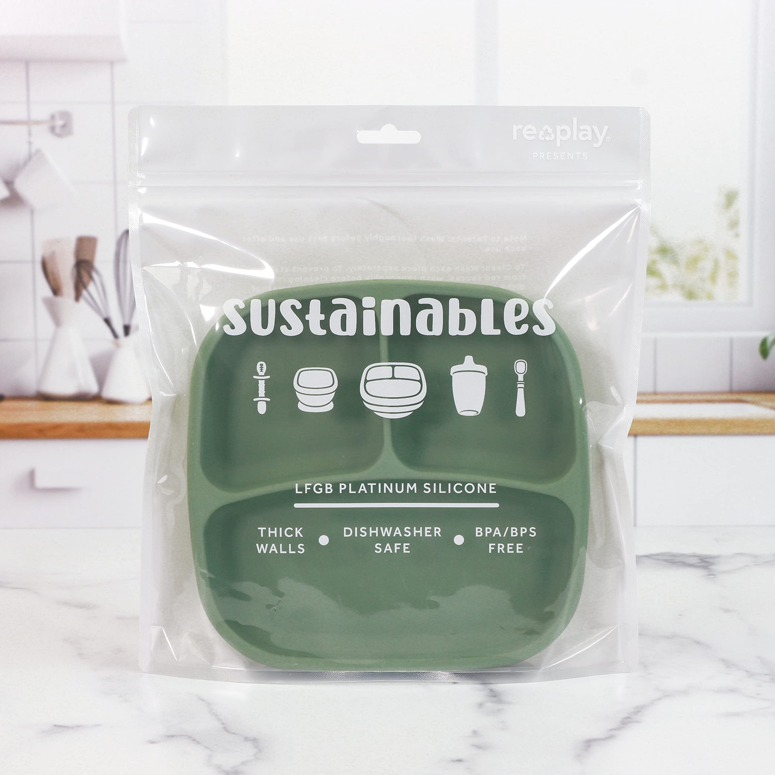 Re-Play Sustainables Silicone Suction Divided Plate with Press In Compartment Lid - Made with Medical-Grade Platinum Silicone - With Lid - Sage