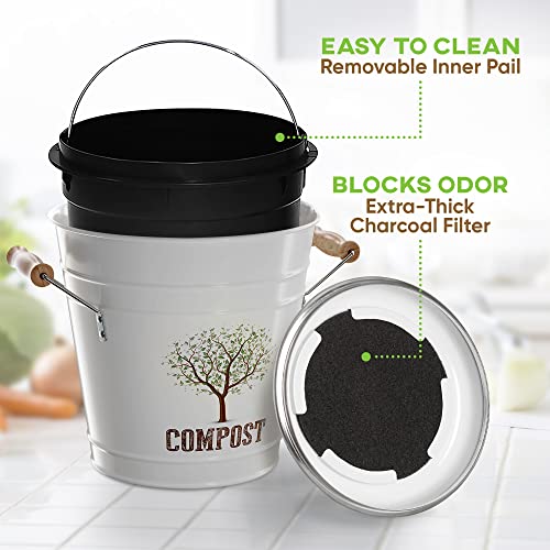 Third Rock - 1.3 Gallon Traditional Kitchen Compost Bin - White - with 3 Years Supply of Charcoal Filter Replacements