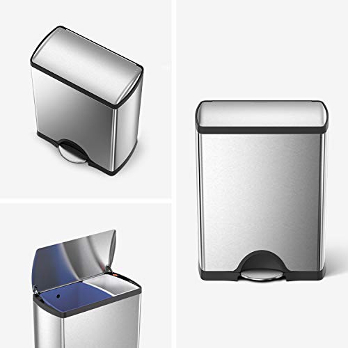simplehuman Rectangular Dual Compartment Recycling Kitchen Step Trash Can, 46 Liter, Brushed Stainless Steel & Code V Custom Fit Drawstring Trash Bags, 16-18 Liter / 4.2-4.8 Gallon, White, 60 Count