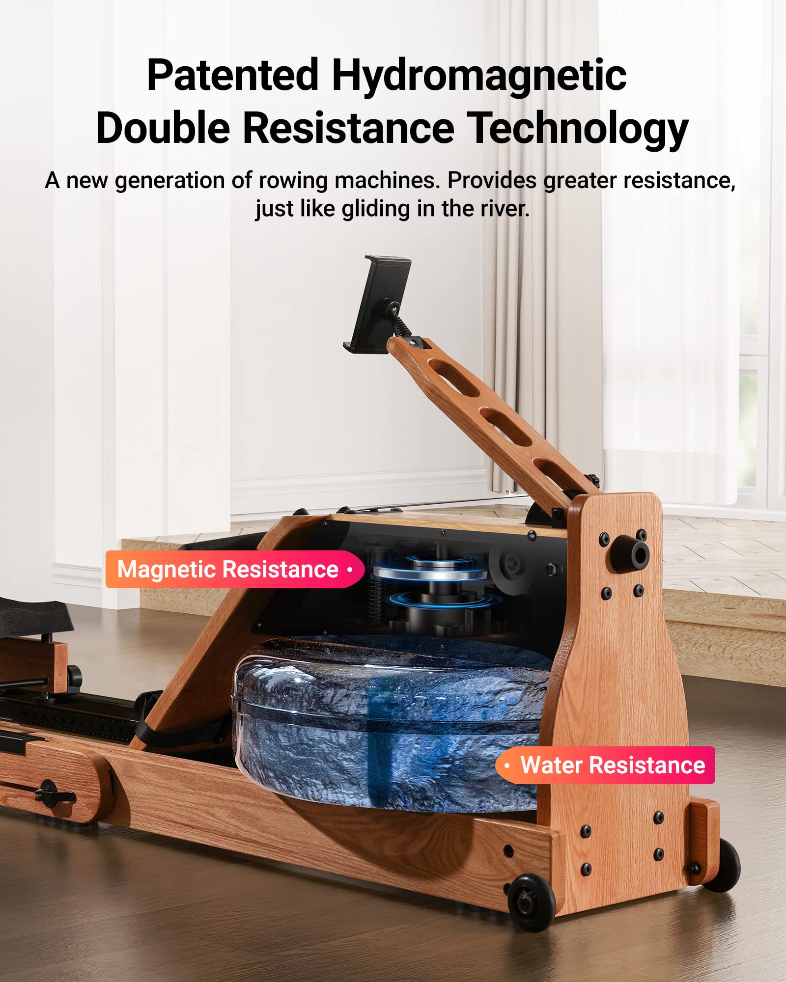 MERACH Water Electromagnetic Rowing Machine Included Exclusive App Lifetime Membership, Foldable Oak Wood Rower with MERACH Go Technology, Rowing Machine for Home Use, Patented Space Saver, 950