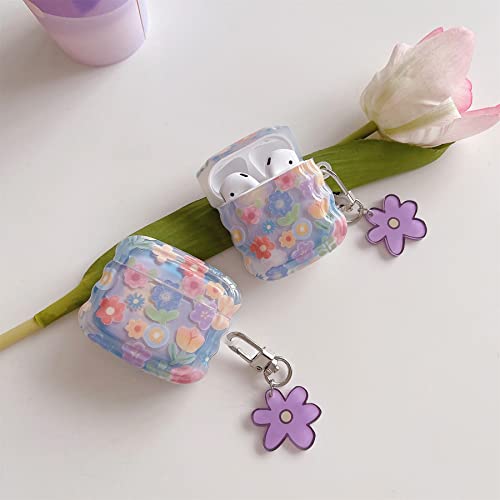 Purple Flower Pattern Cool Shockproof Case for AirPods 3rd Generation 2021 Shock-Absorbing Protective Cover with Pendant Case for Women Girls Men Boy for AirPods 3