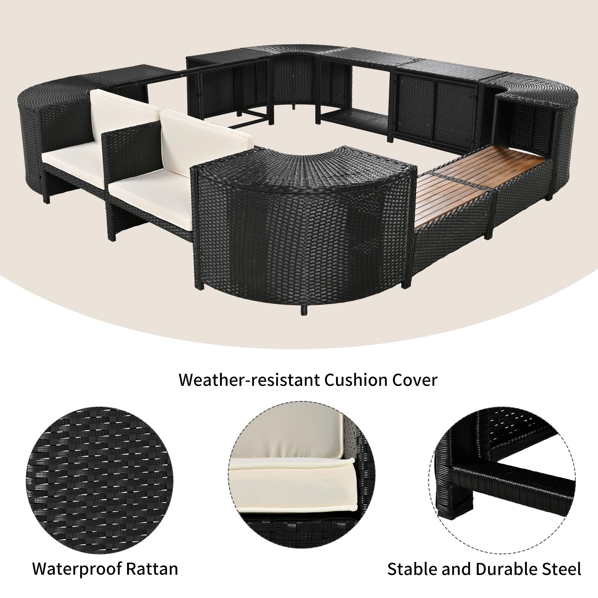 UD.houselife Spa Surround Spa Frame Quadrilateral Outdoor Rattan Sectional Sofa Set with Mini Sofa,Wooden Seats and Storage Spaces (Beige)