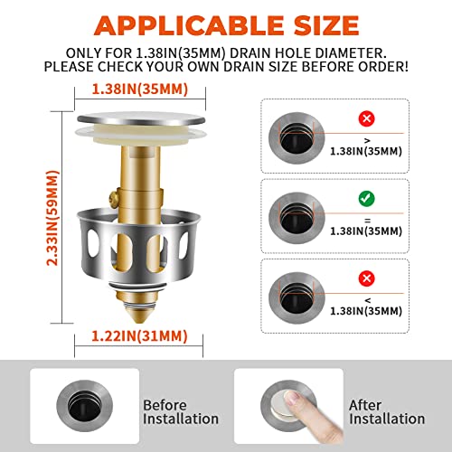 Only For 1.38 Inches Wash Basin Bounce Drain Filter , 2PCS Stainless Steel Kitchen Bathroom Plug Pop up Sink Drain Stopper Drain Strainer with Basket