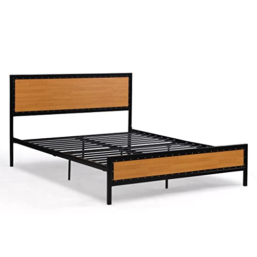 Prohon Bed Frame Queen Size with Rustic Headboard and Nailhead Trim Footboard, Strong Steel Slat Support, Metal Platform Bed with 11β Storage Space, Silent Design Bedframe for Adults, Teens & Kids